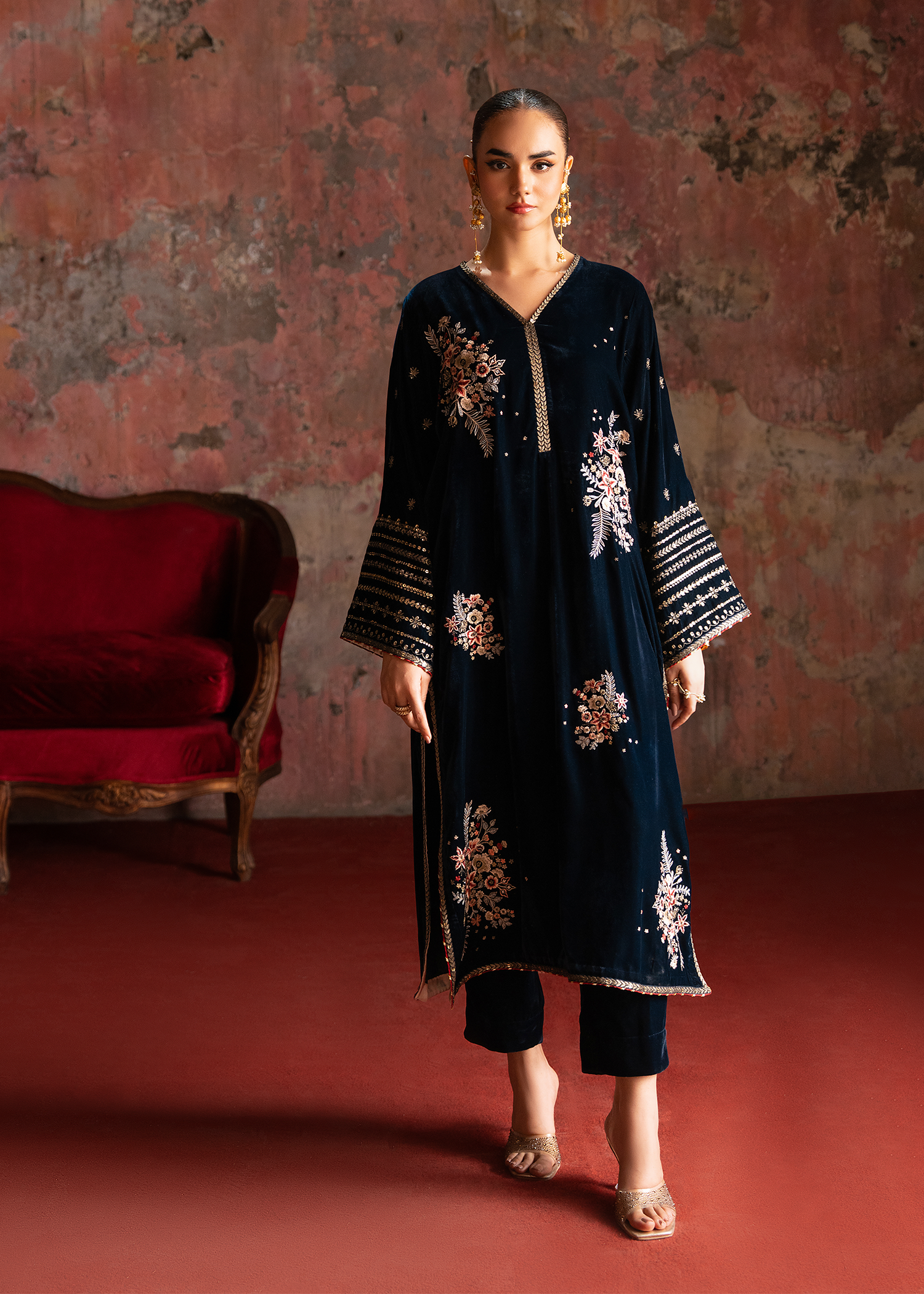 Kira Velvet Suit Price in Pakistan | Navy Embroidered 2PC – Buzzazi